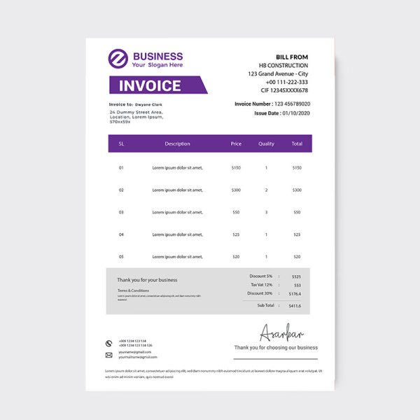 Clean purple professional invoice design - freepng