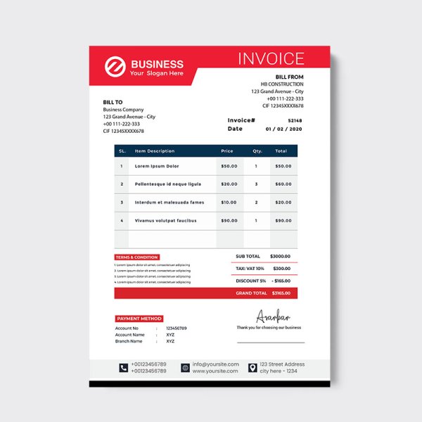 Minimal red black invoice template - freepng