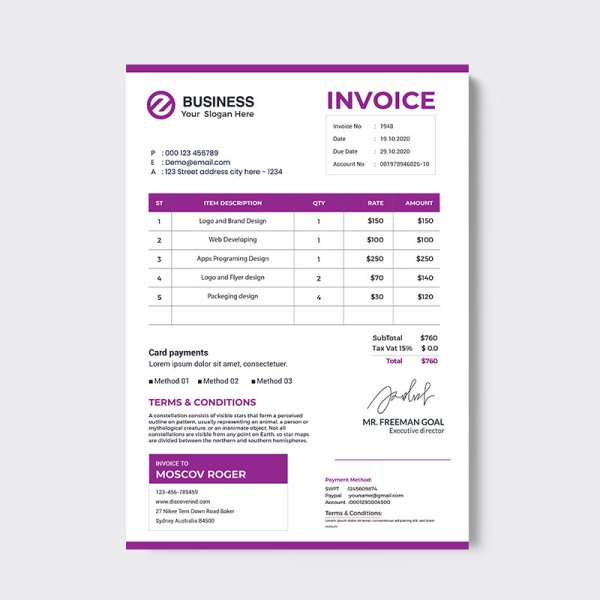 Purple professional vector invoice template - freepng