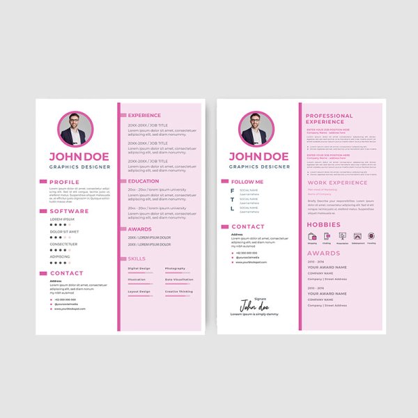Pink color modern simple resume set - freepng